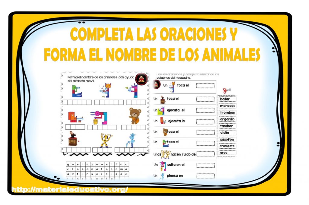 Completa las oraciones y forma el nombre de los animales para primer ...