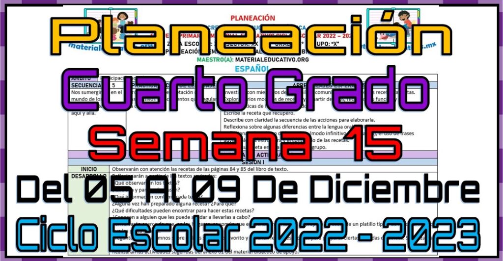 Planeación del cuarto grado de primaria de la semana 15 del 05 al 09 de diciembre del ciclo ...